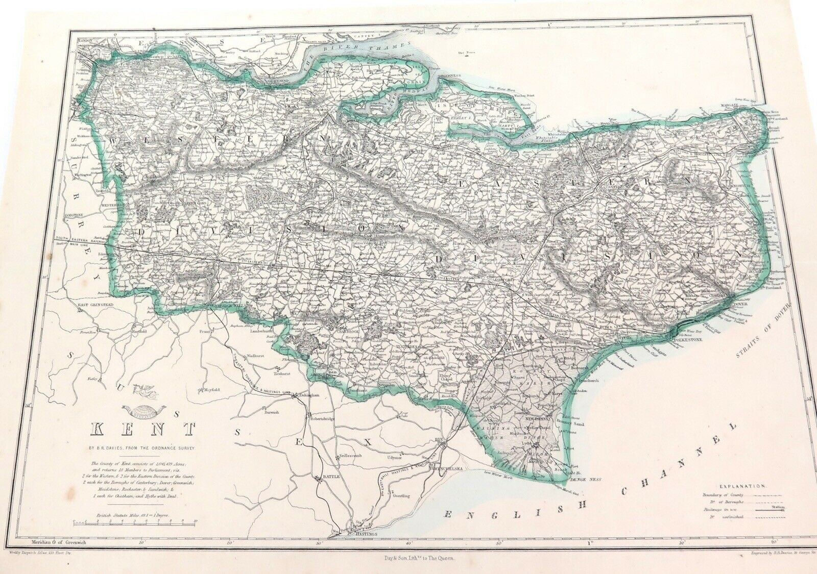 c1860 LARGE “WEEKLY DISPATCH ATLAS” MAP of KENT, UK.