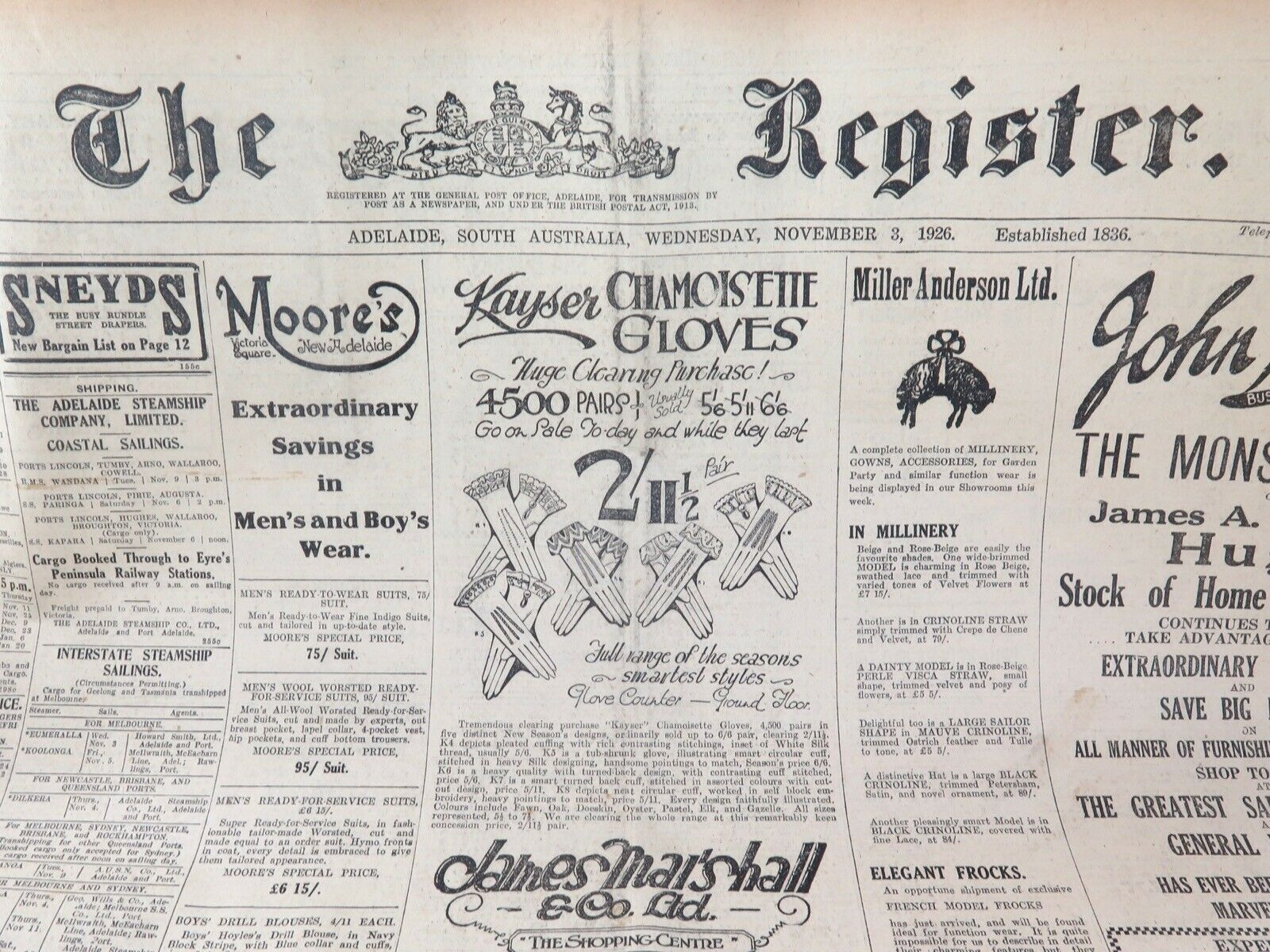 3 NOV 1926 / THE REGISTER NEWSPAPER, ADELAIDE. SUPERB MOTORING WORLD ...