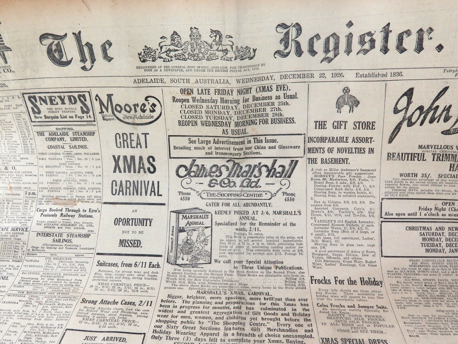 22 DEC 1926 / THE REGISTER NEWSPAPER, ADELAIDE. SUPERB MOTORING WORLD ...