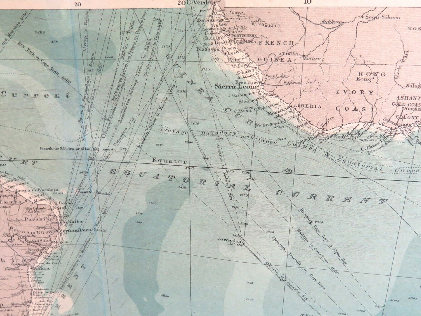 1922 SCARCE LARGE MAP of THE SOUTH ATLANTIC OCEAN + SHIPPING ROUTES ...