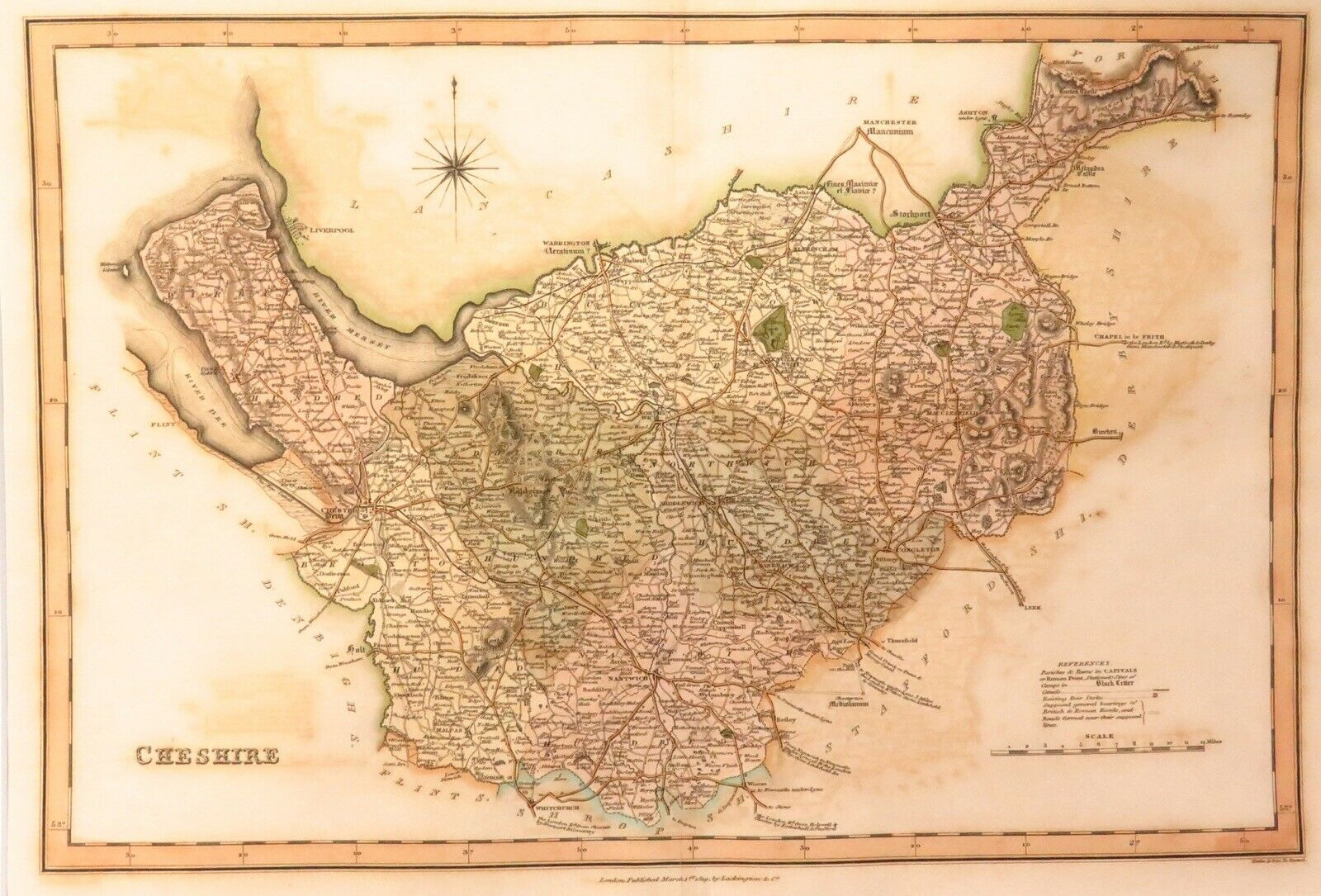 1819 RARE LARGE DETAILED MAP OF CHESHIRE, UK. MATTED READY TO FRAME.