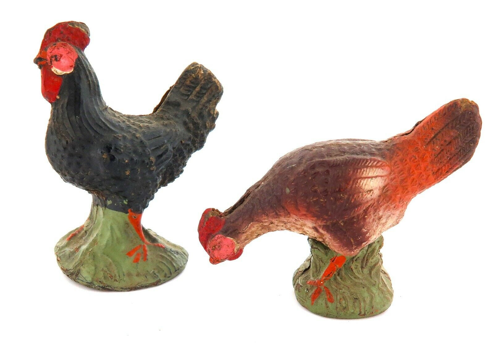 RARE PRE WW2 GERMAN MADE LARGE ELASTOLIN LINEOL COMPOSITION ROOSTER & HEN.