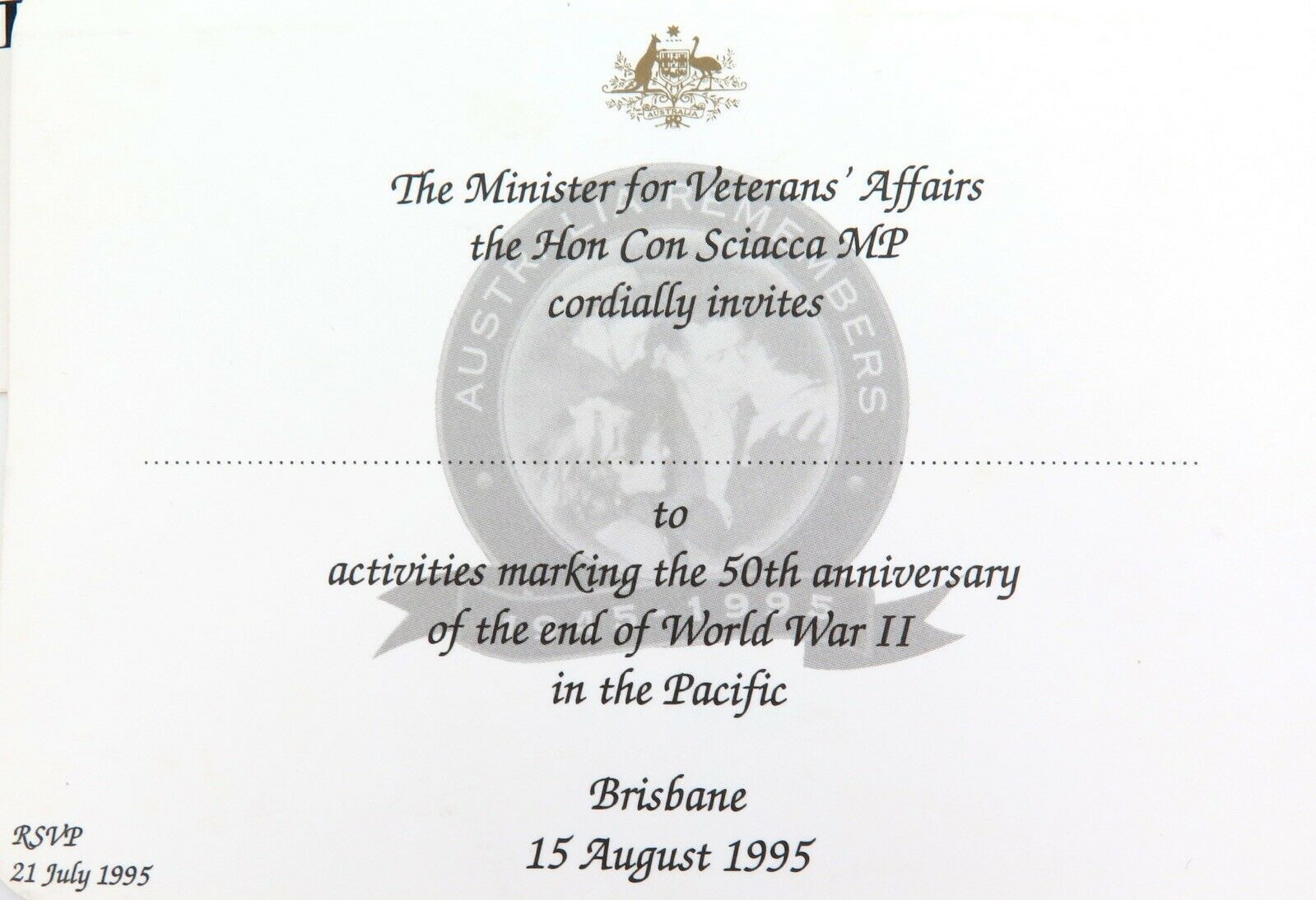 1995 RARE GROUPING AUSTRALIAN DIGNITARIES INVITATIONS 50TH ANNIVERSARY ...