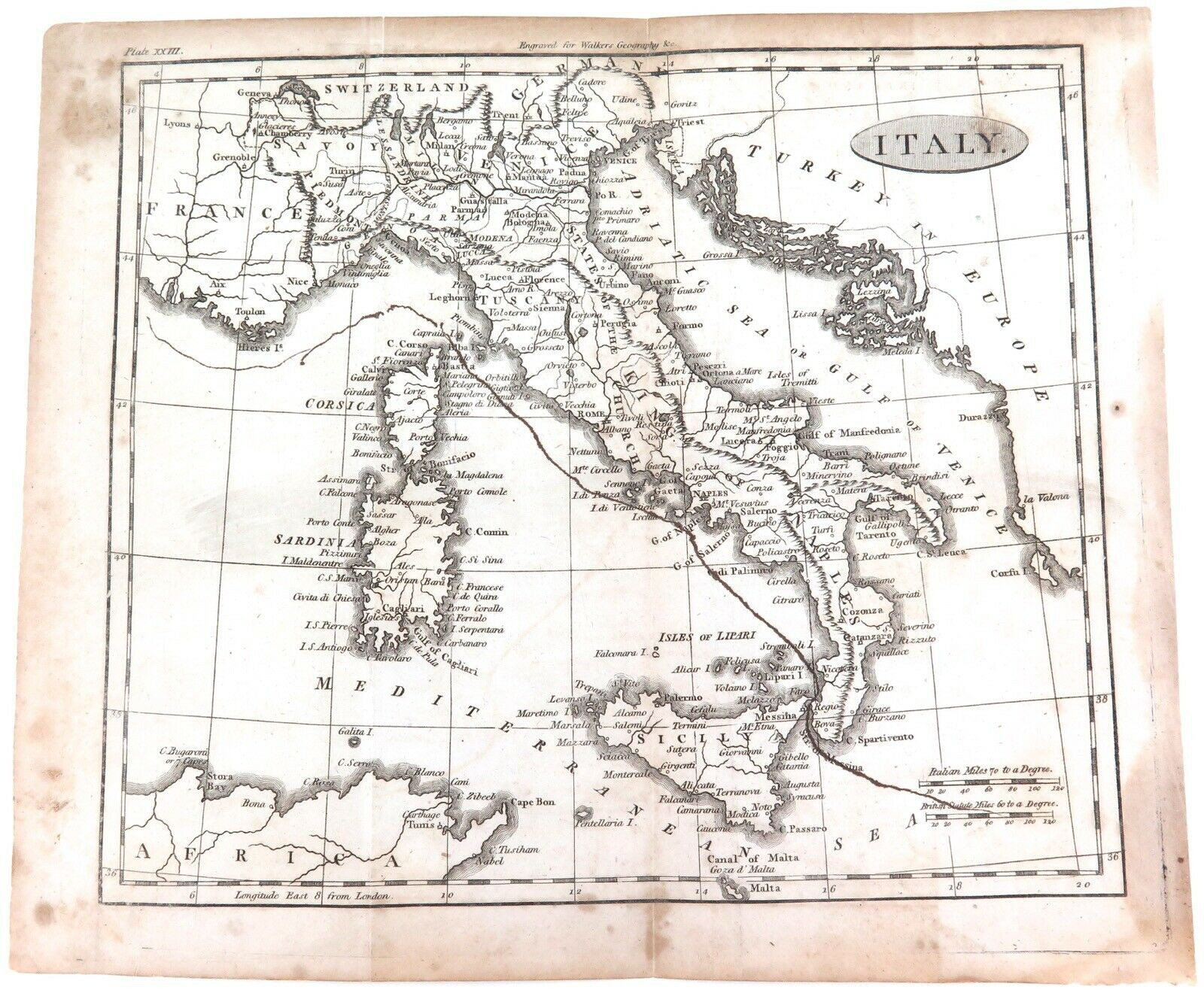 1795 100% GENUINE MAP by WALKER’S GEOGRAPHY. ITALY.