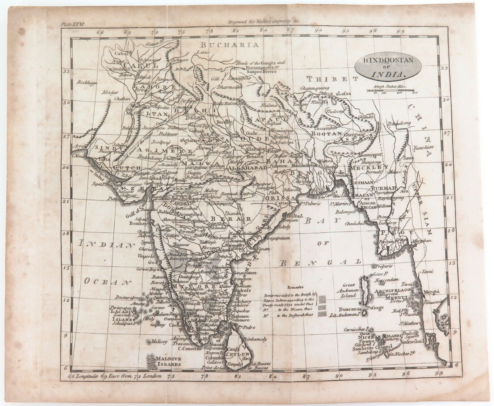 1795 100% GENUINE MAP by WALKER’S GEOGRAPHY. HINDOOSTAN or INDIA.