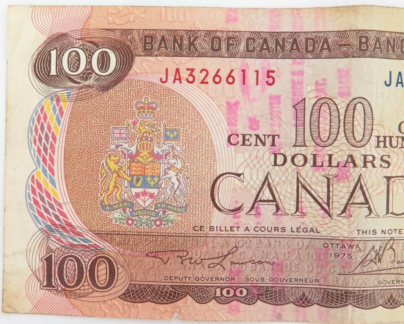 1975 (OTTAWA) CANADIAN CANADA $100 NOTE. JA3266115