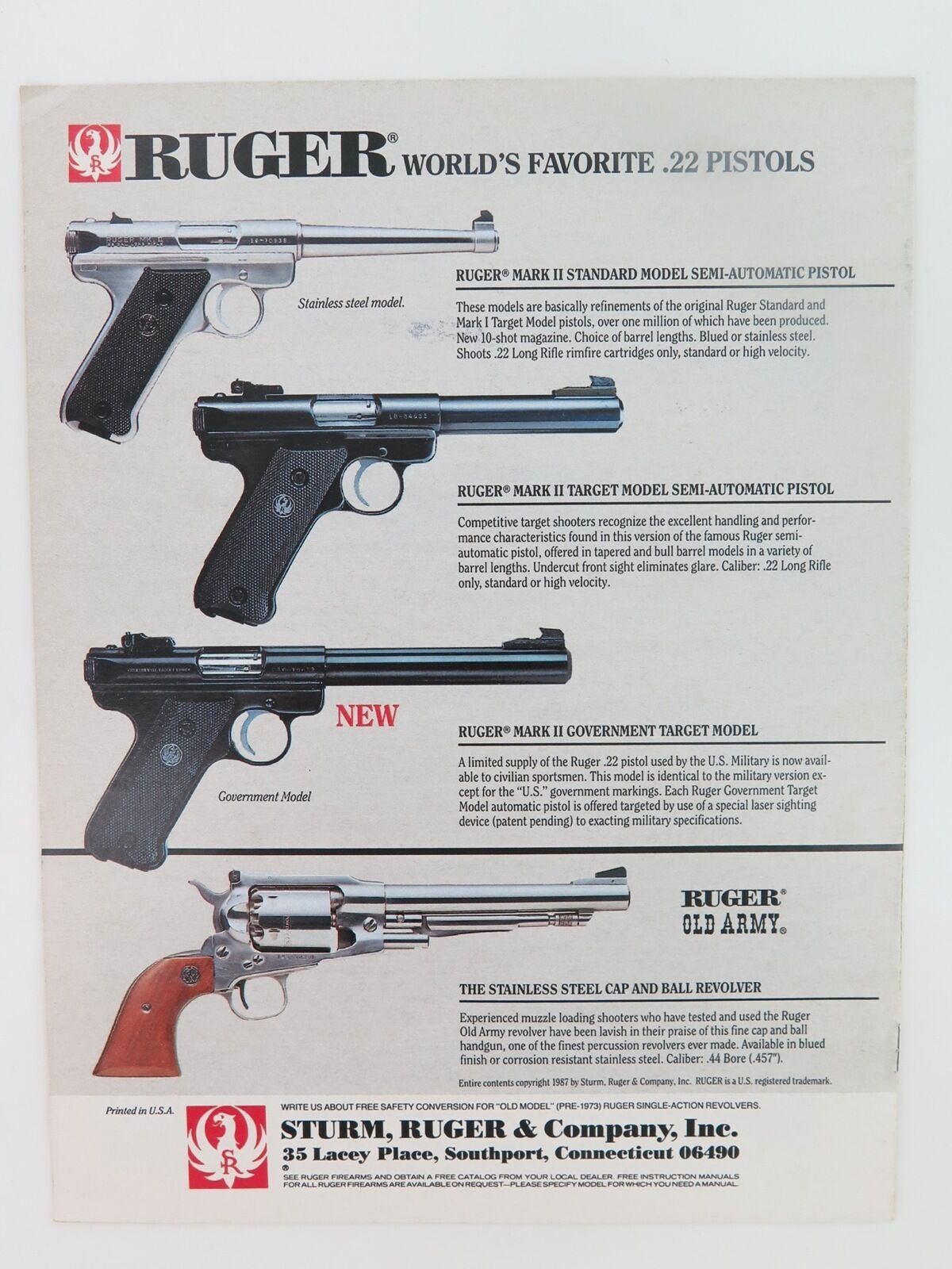 1987 RUGER HANDGUNS 8 PAGE CATALOGUE. VERY NICE CONDITION.