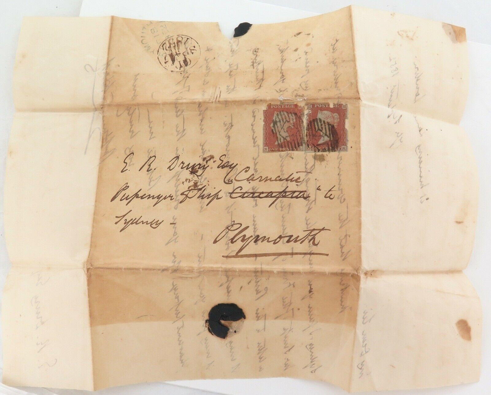 1852 Plymouth to Melbourne via Ship “Carnatic” Folded Letter of ...