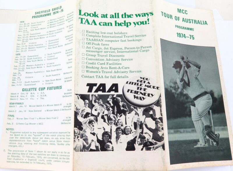 CRICKET ASHES TOUR. 1974 - 1975 MCC TOUR OF AUSTRALIA FOLDOUT PROGRAMME ...