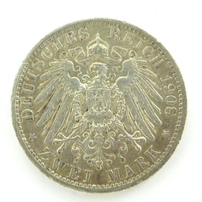 Nice Grade 1908 German 2 Mark Circulated Coin. .900 Silver. Specs 28mm ...
