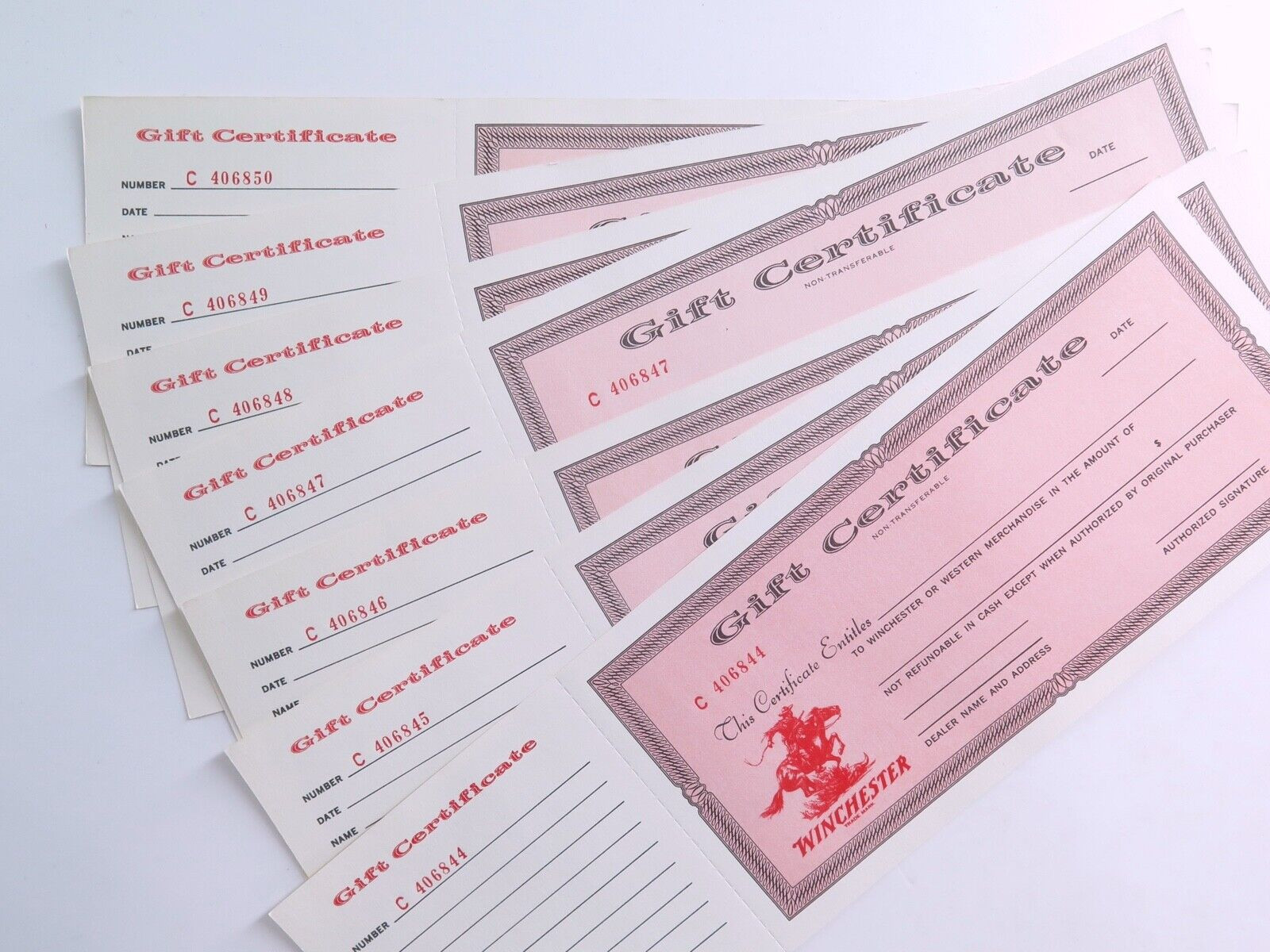 Group lot of Vintage Winchester Gift Certificate Slips. Sequential ...