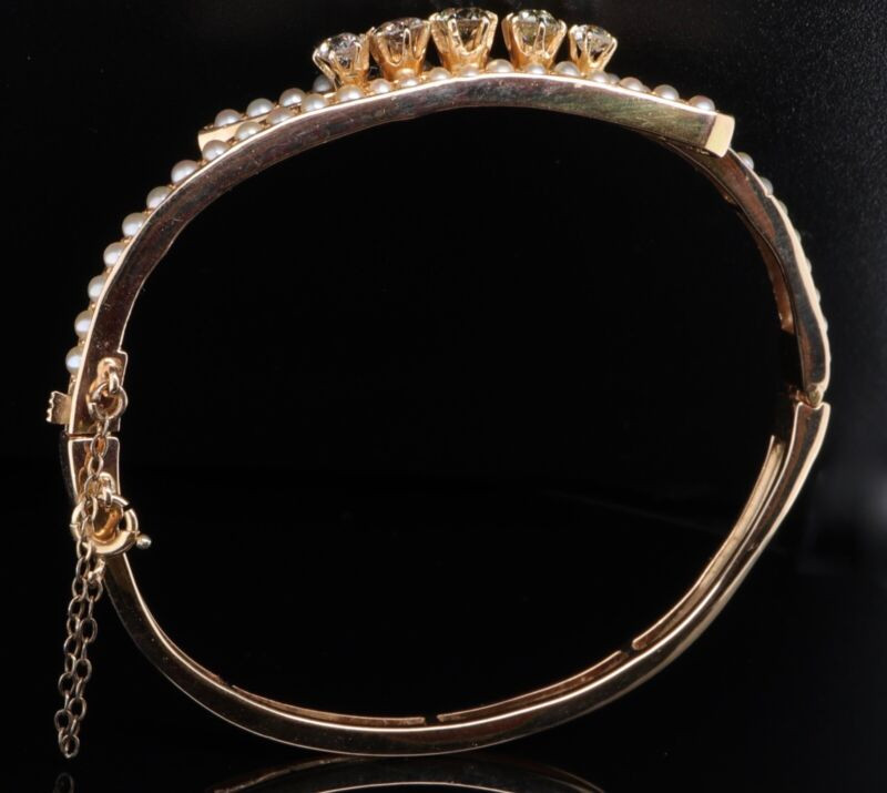 Antique 1.01ct Old Cut Diamond & Pearl Set 14ct Gold Hinged Bangle Val ...