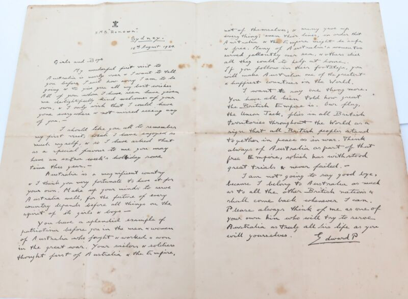 16th August 1920. Open Letter by Prince Edward to the Girls & Boys of ...
