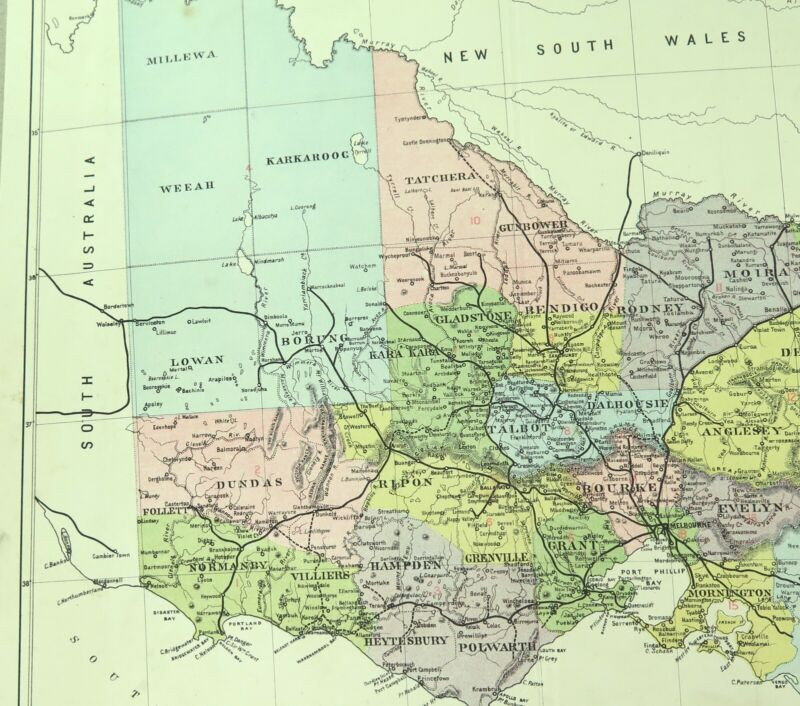 c1870s Detailed Coloured Map of Victoria County Boundaries + Melbourne ...