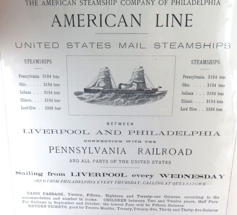 RARE Large c1878 Advert. AMERICAN LINE Steamship Company of ...