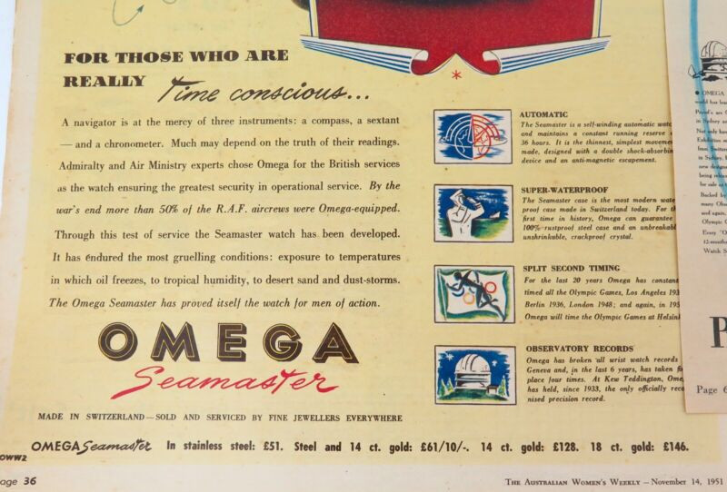 2 x 1950s Large Colour Omega Magazine Adverts. Seamaster / Mens ...