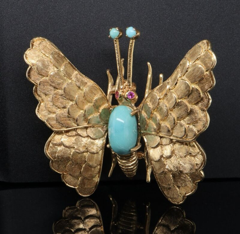 Vintage Cartier Turquoise Butterfly 18ct Yellow Gold Brooch signed and ...