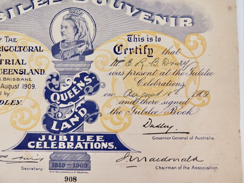 RARE RNA EKKA 1909 Jubilee Souvenir Large Certificate No. 908 (QLD 1859 ...