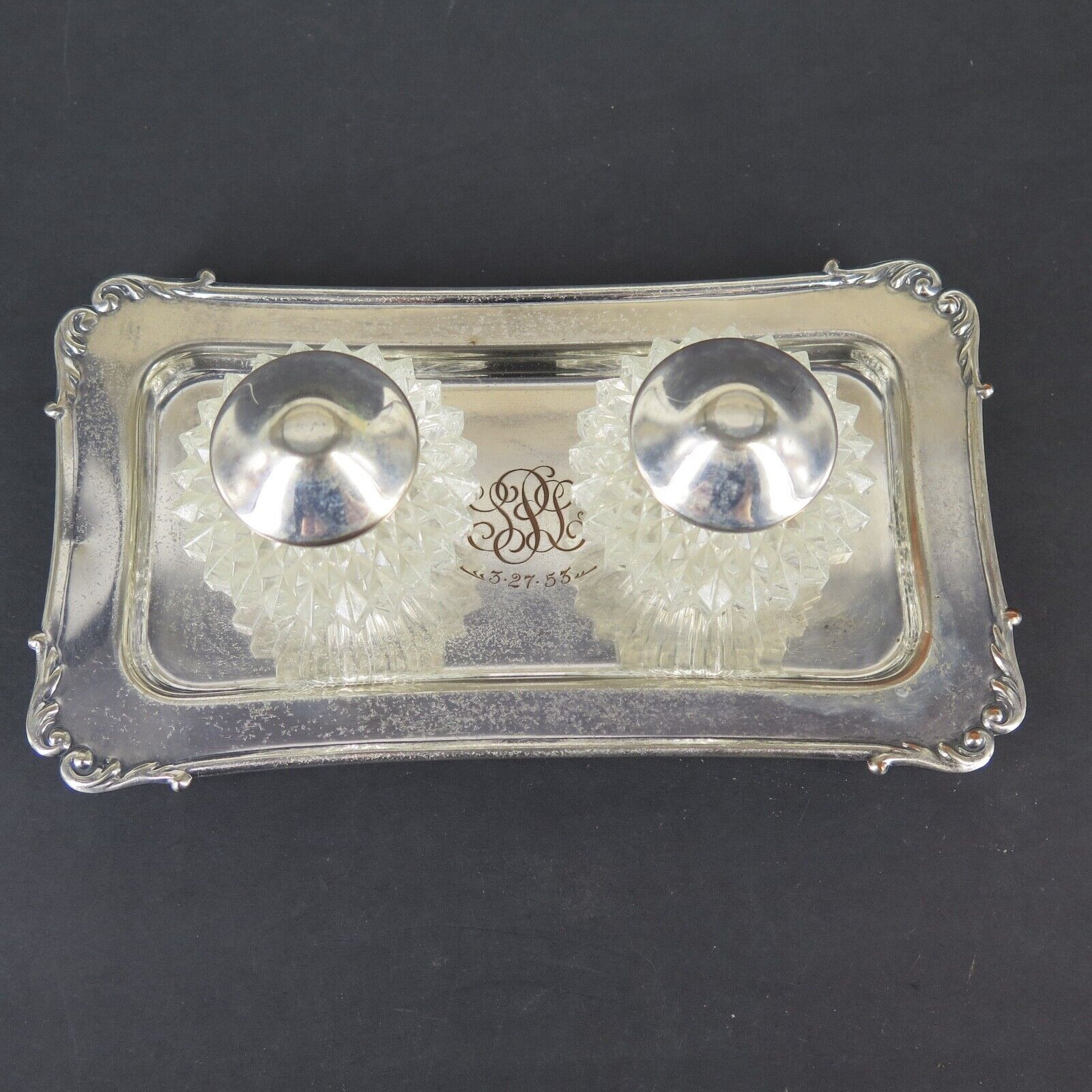 Antique USA Made Cut Glass Salt & Pepper Cruet Setting on Silverplate ...