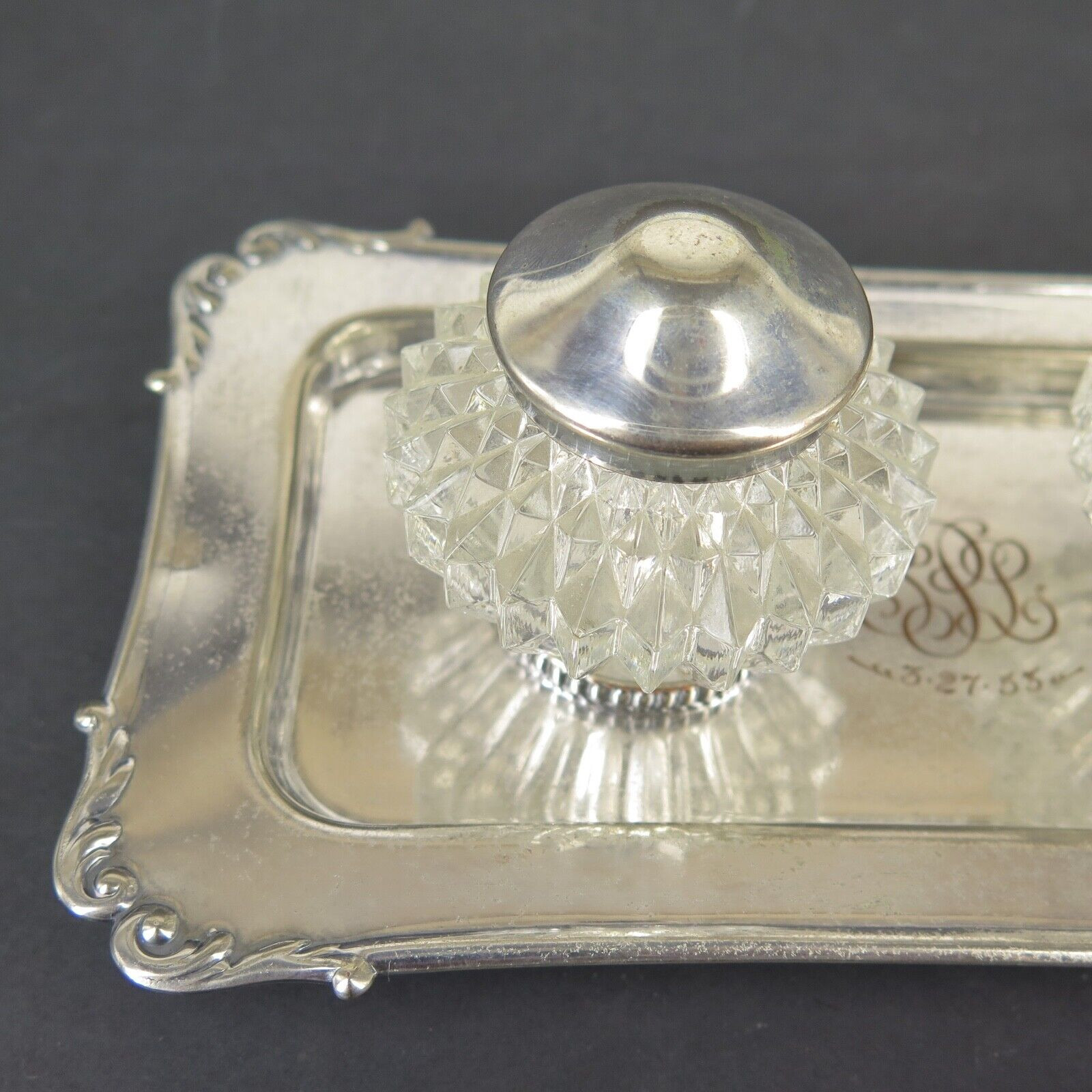 Antique USA Made Cut Glass Salt & Pepper Cruet Setting on Silverplate ...