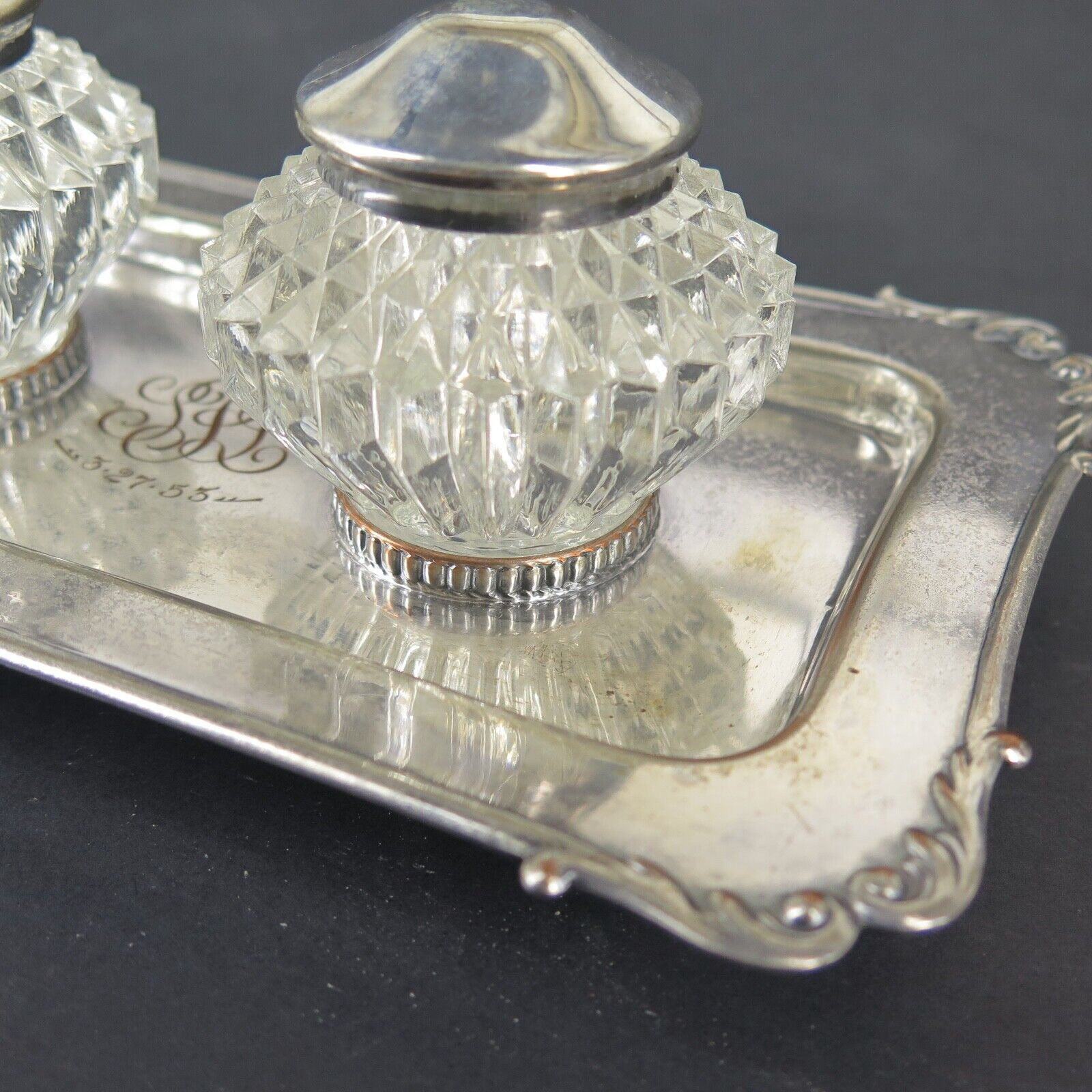 Antique USA Made Cut Glass Salt & Pepper Cruet Setting on Silverplate ...