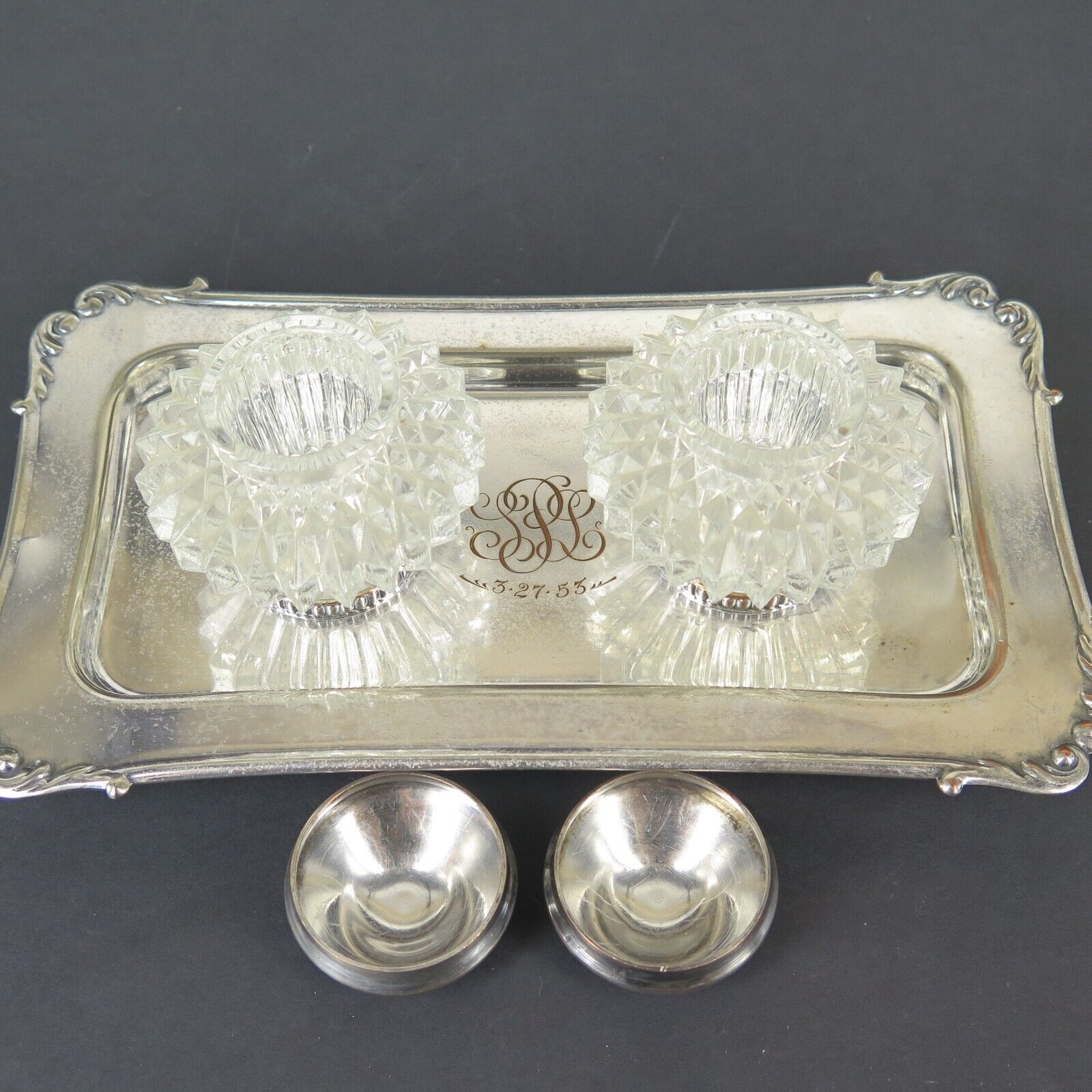 Antique USA Made Cut Glass Salt & Pepper Cruet Setting on Silverplate ...