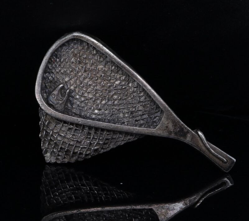 Vintage Pewter Salmon in the Net Fishing Clip / Brooch - Harrington & Co.