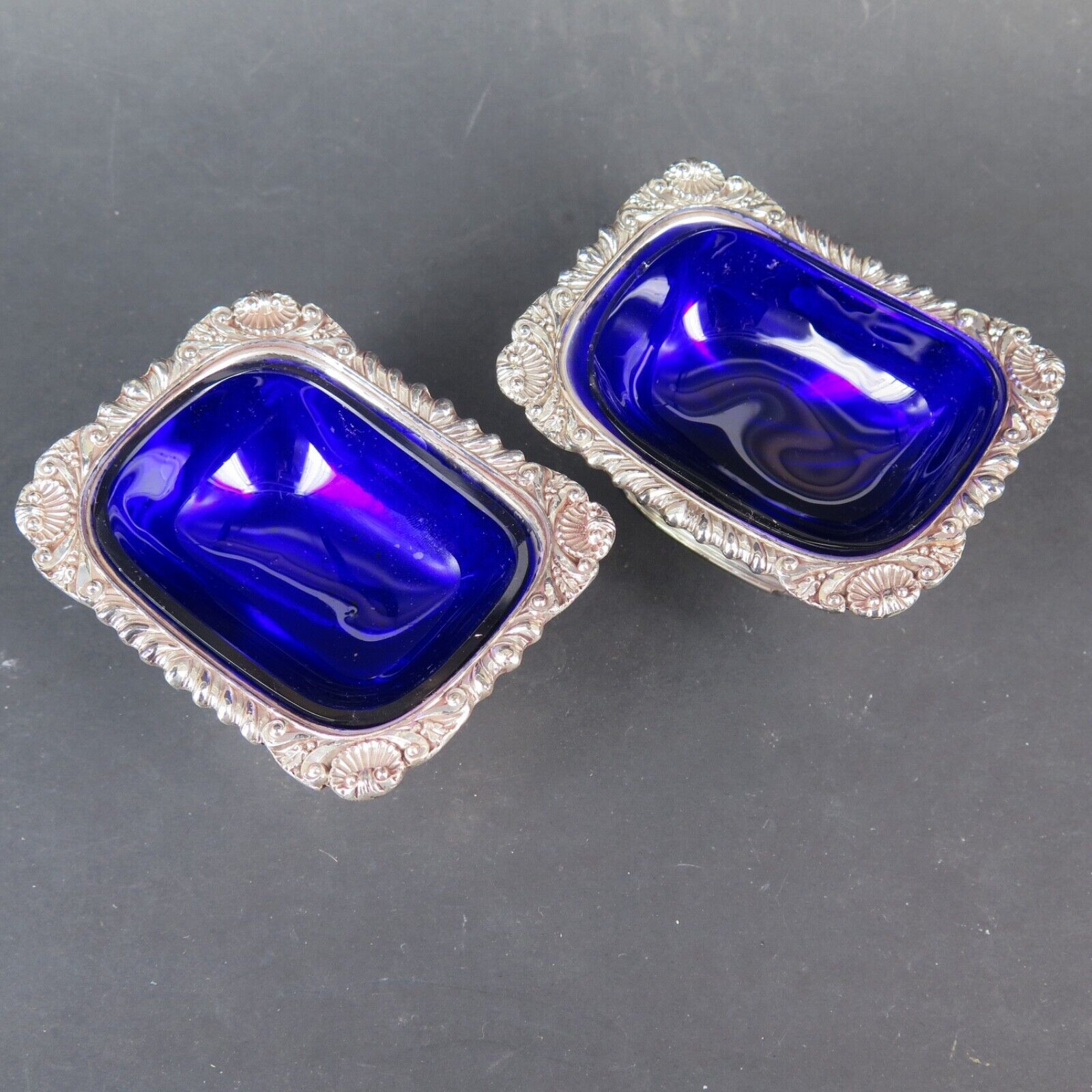Pair of Vintage Silverplate & Cobalt Blue Glass Lined Cellars ...