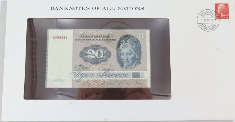 Banknotes of All Nations 1972 Denmark 20 Kroner + Card - Harrington & Co.
