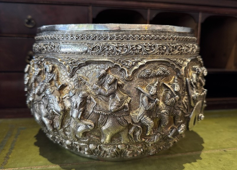Antique Burmese Repousse Silver Large Bowl With Battle Scenes Late 19th ...