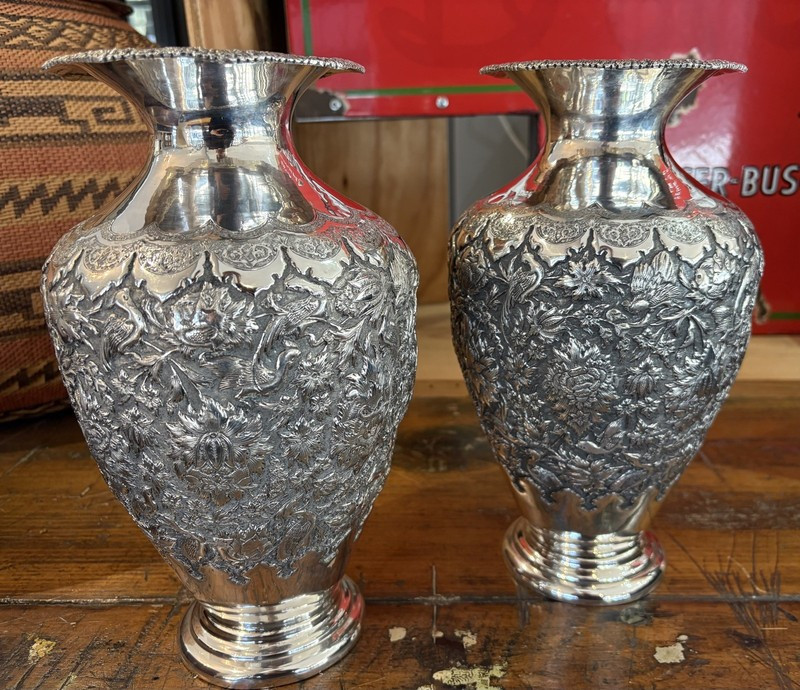 Antique 20th C. Pair of Persian Solid Silver Repousse Vases 1796g ...