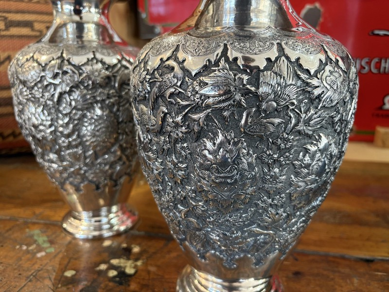 Antique 20th C. Pair of Persian Solid Silver Repousse Vases 1796g ...