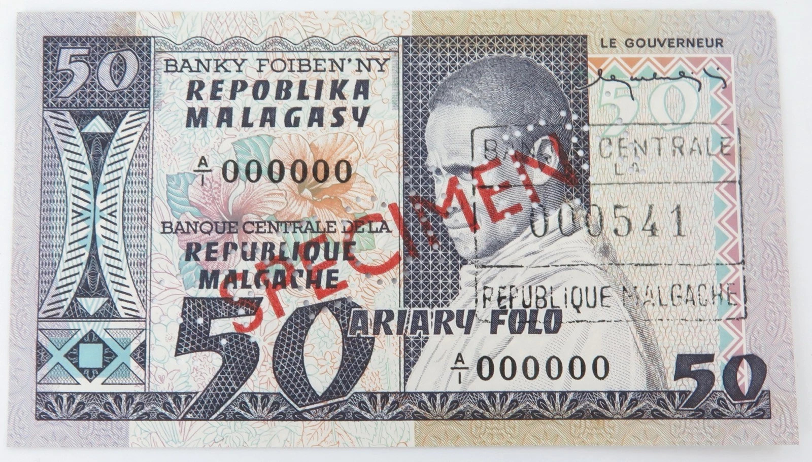 RARE Madagascar Specimen Note. 50F. Stamped, Punched, Overstamped ...
