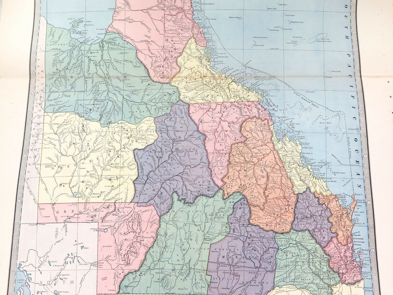 c1886 VERY LARGE DETAILED COLOUR MAP of QUEENSLAND QLD.