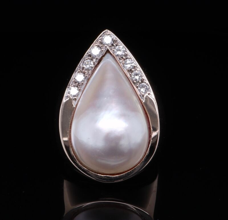 Vintage Mabe Cultured Pearl & Diamond Set 14ct Gold Ring Size H Val ...