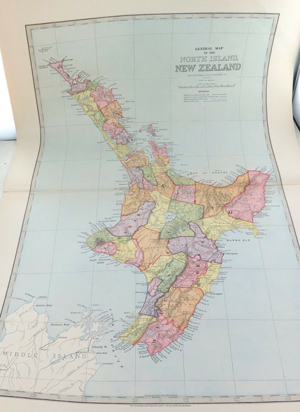 c1886 VERY LARGE DETAILED COLOUR MAP of NEW ZEALAND NORTH ISLAND.