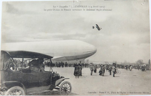 c1913 French Postcard. Zeppelin, Aeroplane & Motor Car - Harrington & Co.