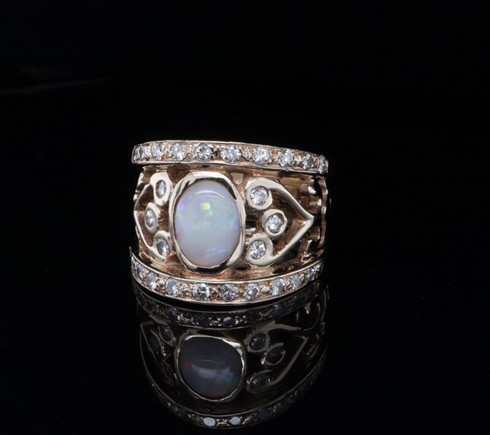 Vintage Opal & 0.42ct H Si Diamond 14k Gold Tuscan Style Ring Size O ...