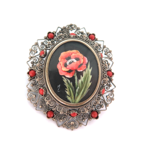 Antique Italian .800 Silver & Coral Filigree Hand-painted Poppy Pendant ...