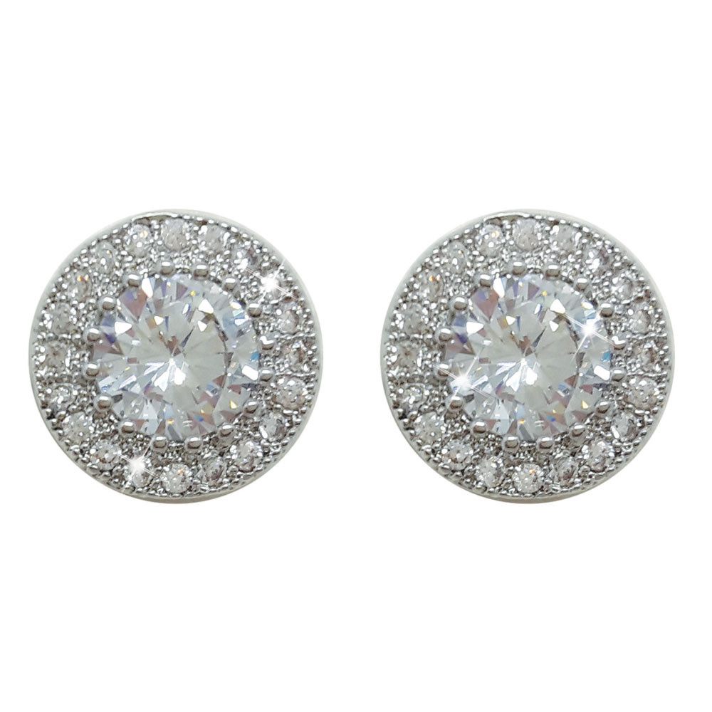 Silver Round Earrings Pave Set Surround