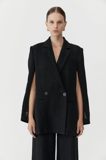Linen Split Sleeve Blazer - Black - The DOM