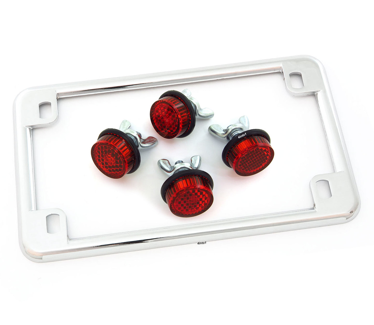 Chrome License Plate Frame w/ 4 Red Reflector Bolts Set