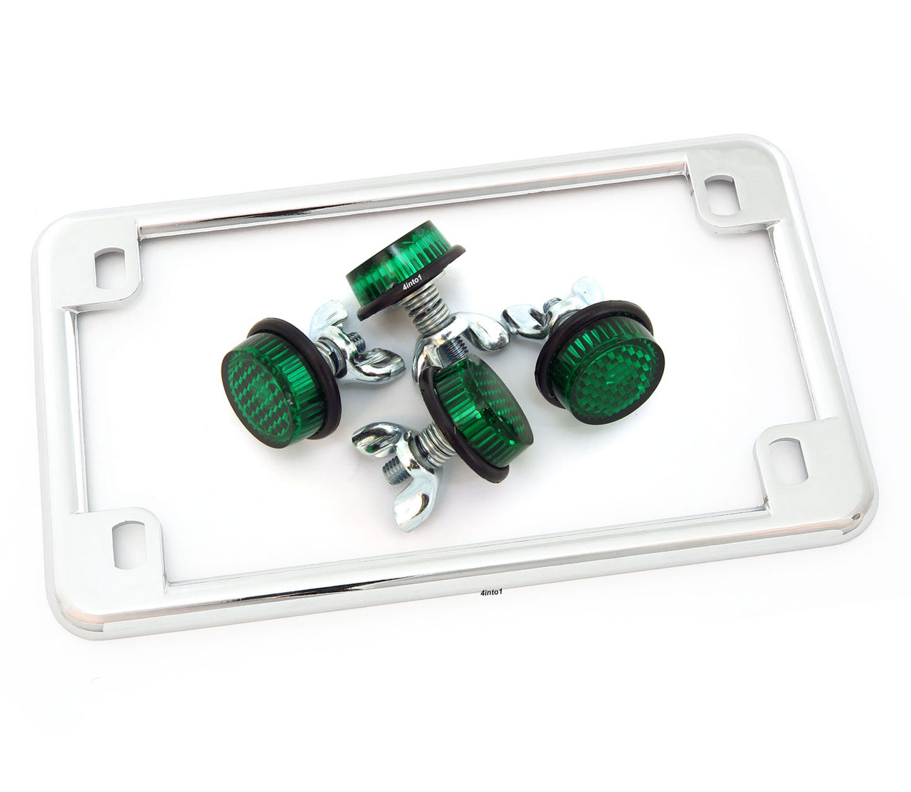 Chrome License Plate Frame w/ 4 Green Reflector Bolts Set