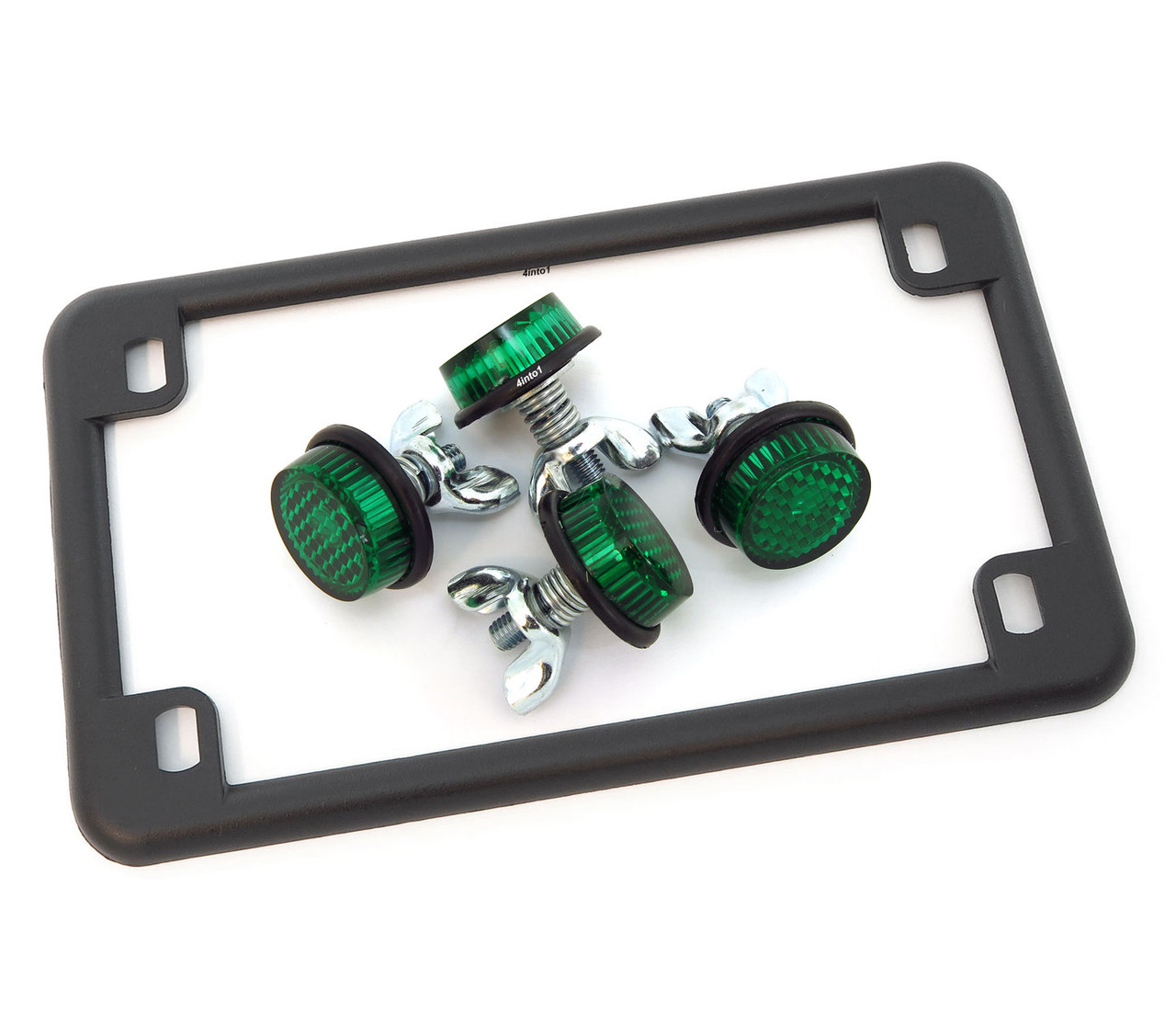 Matte Black License Plate Frame w/ 4 Green Reflector Bolts Set