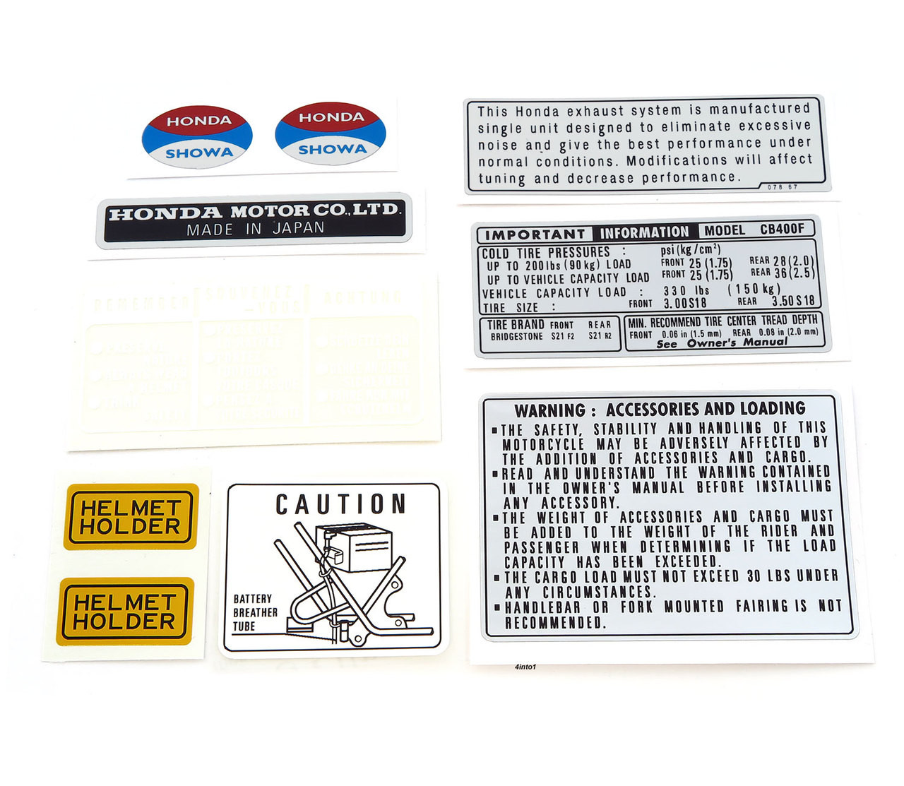 Warning and Service Label Set - 1976 Honda CB400F - Light Ruby Red
