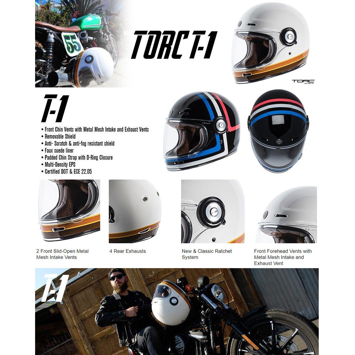 Torc T1 Retro Motorcycle Helmet - Gloss White Iso Bars - XX-Large ...