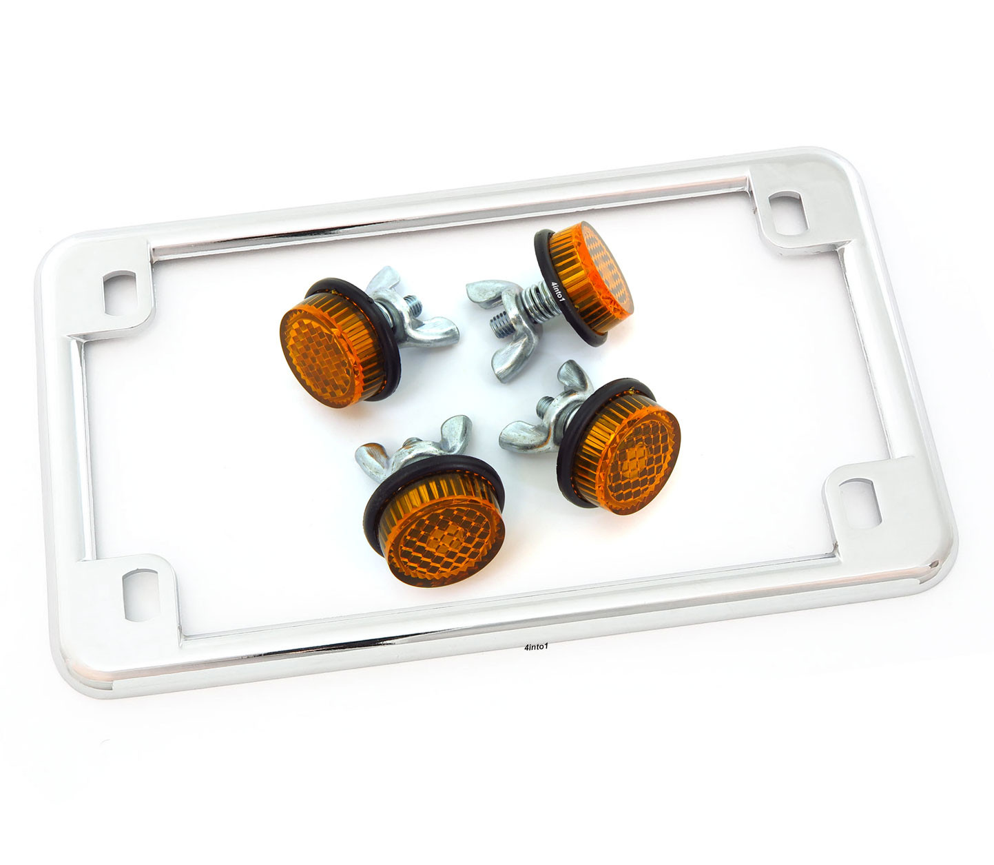 Chrome License Plate Frame w/ 4 Amber Reflector Bolts Set
