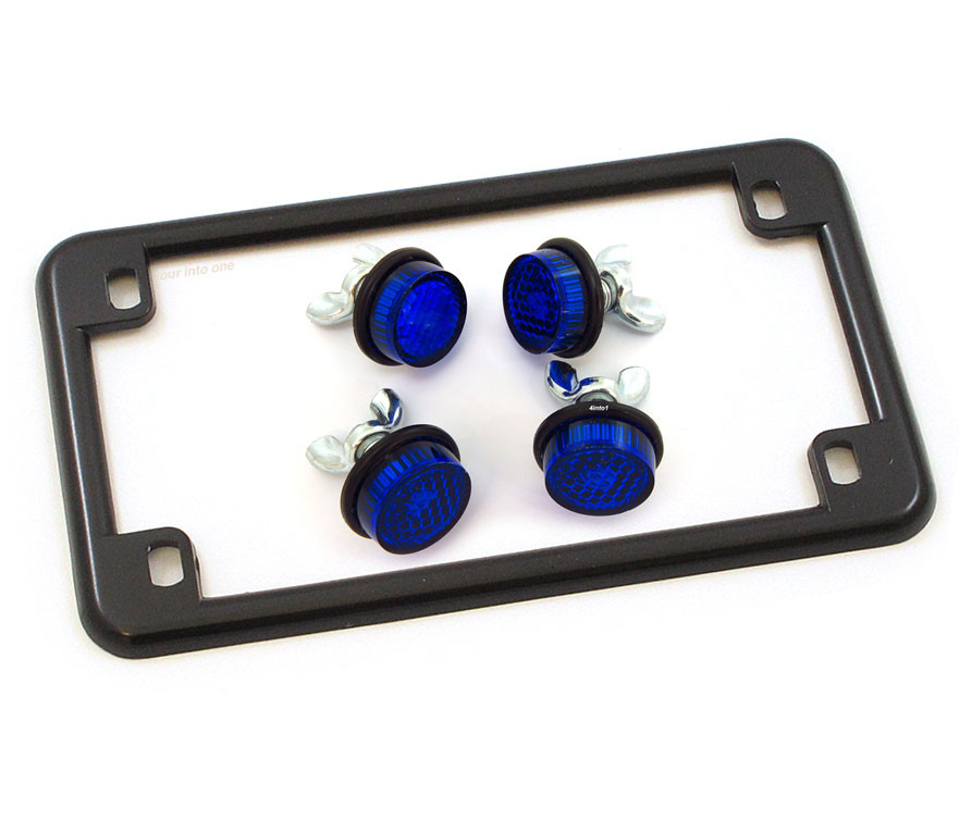 Gloss Black License Plate Frame w/ 4 Blue Reflector Bolts Set