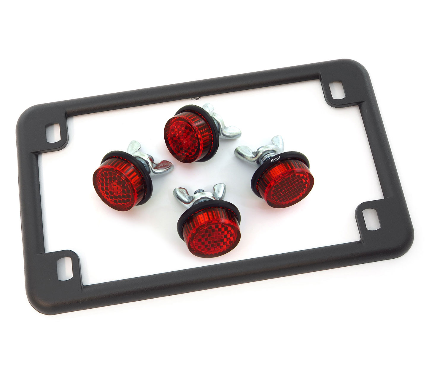Matte Black License Plate Frame w/ 4 Red Reflector Bolts Set