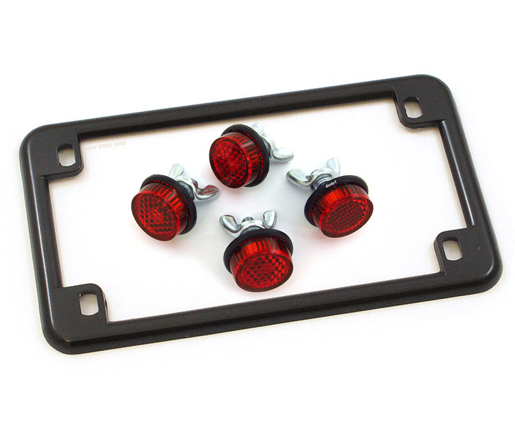 Gloss Black License Plate Frame w/ 4 Red Reflector Bolts Set